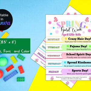 Spring Spirit Week Editable Itinerary Schedule | Printable DIY Spirit ...
