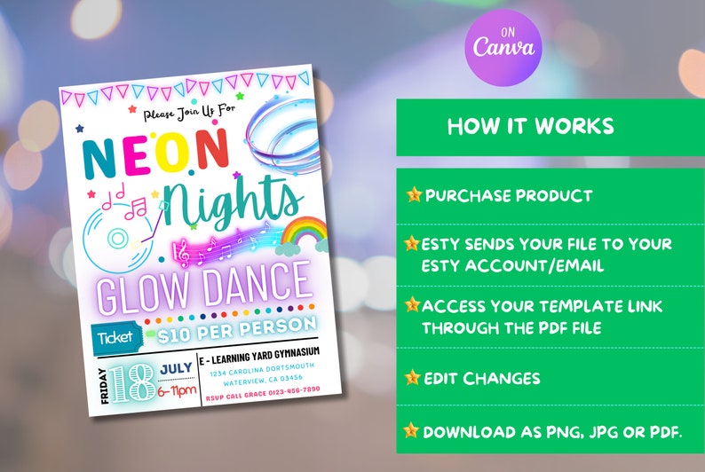 EDITABLE Neon Night Glow Dance Invitation Flyer With Invitation Ticket ...