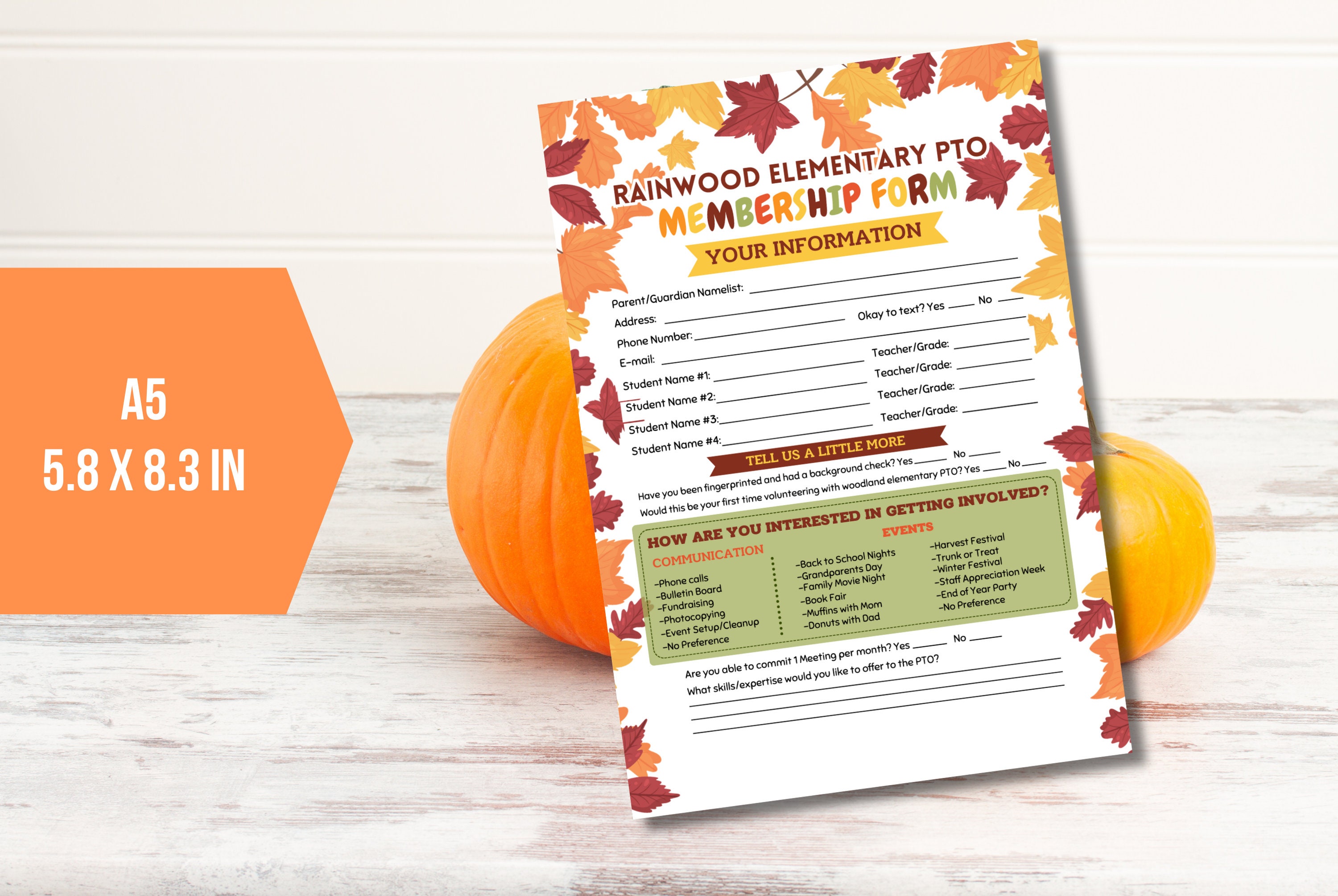 EDITABLE FALL PTO Membership Form Pto/pta Parent Volunteer - Etsy