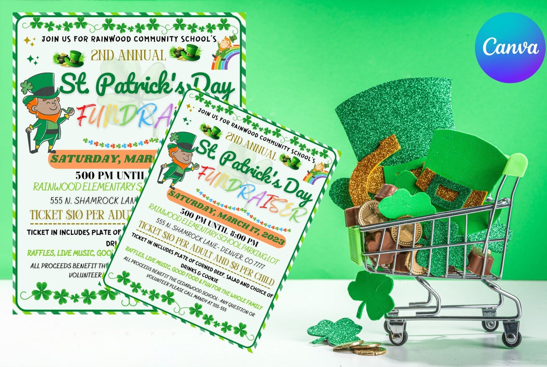 Editable St. Patricks Day Fundraiser Flyer, Shamrock Rainbow Spring ...