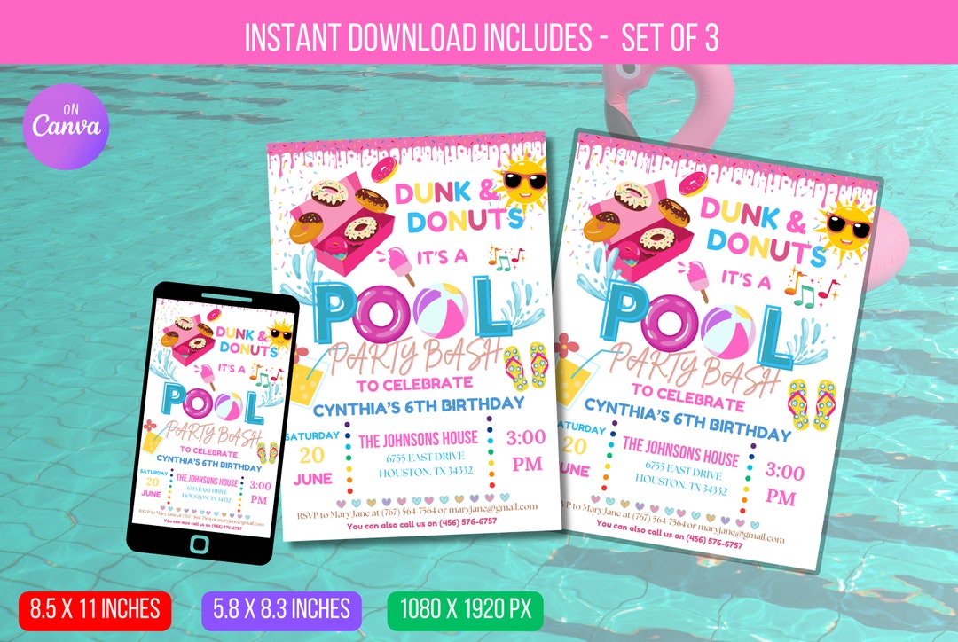 EDITABLE Pool Party Bash Invite, Birthday Invitation, Summer Holiday ...