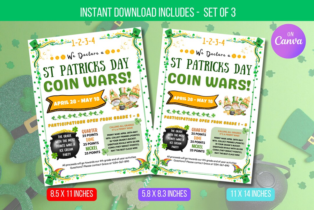 EDITABLE St. Patricks Day Coin War Fundraiser Flyer, Printable Handout ...