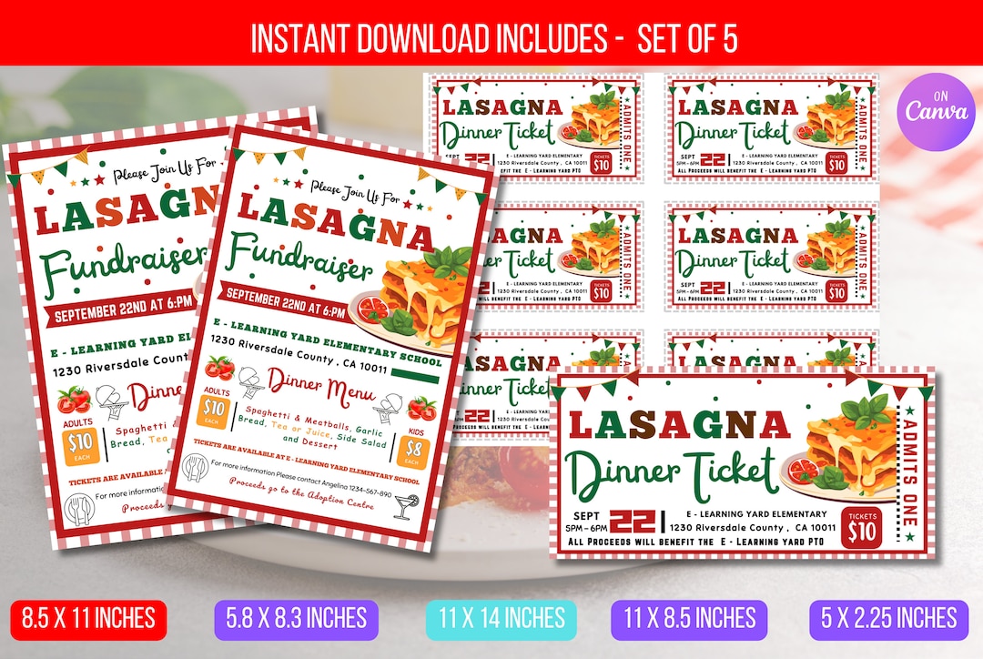 EDITABLE Lasagna Fundraiser Flyer & Ticket, Printable PTA PTO Flyer ...