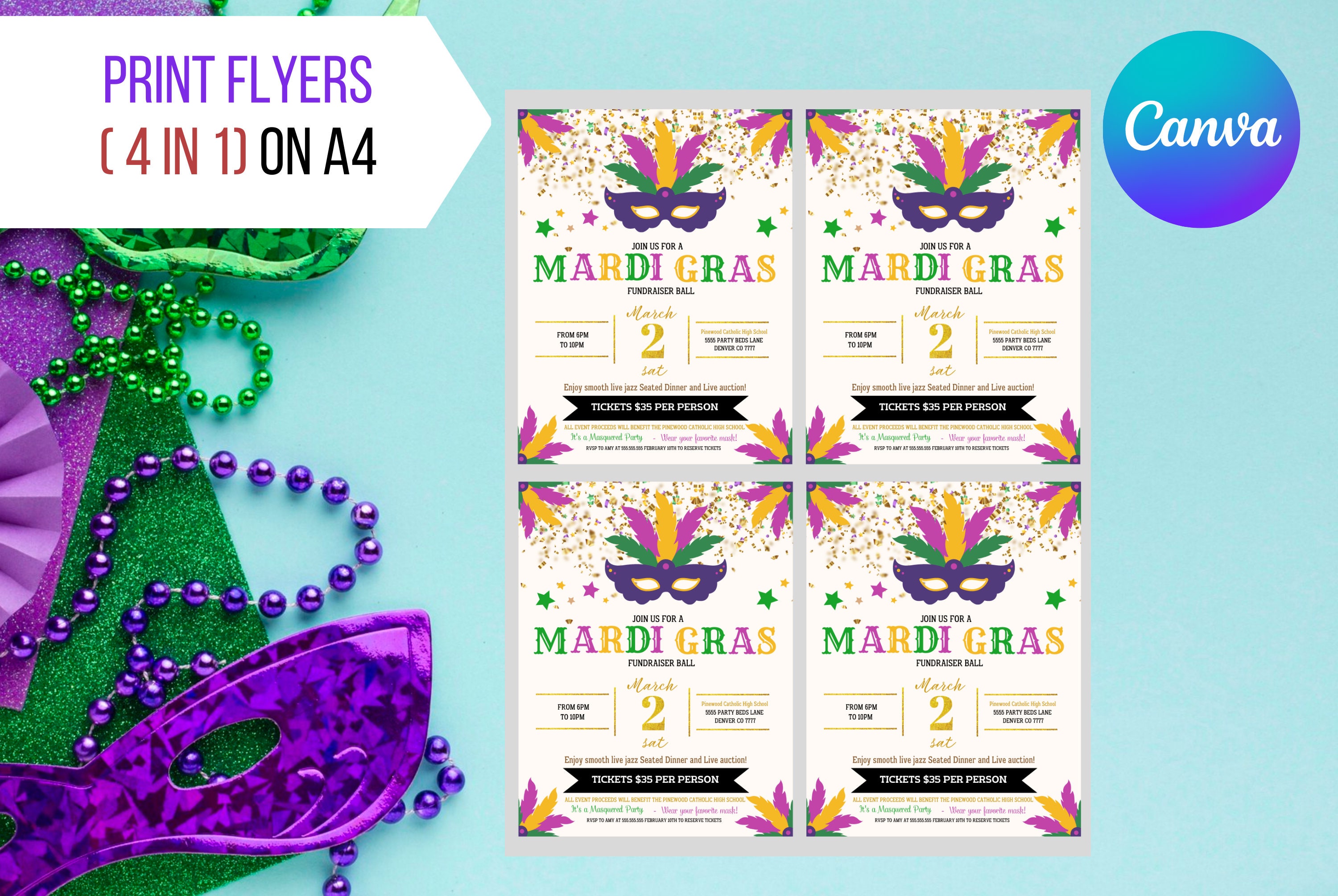 EDITABLE Mardi Gras Fundraiser School Set Invitation Ticket - Etsy