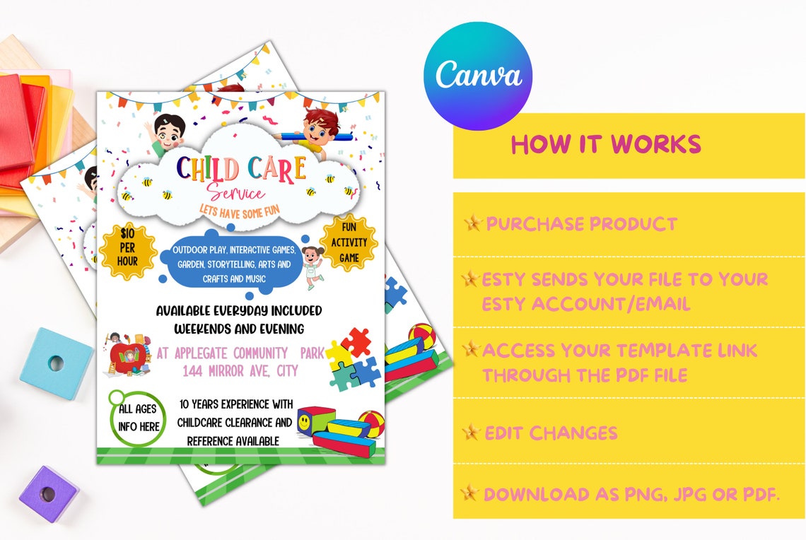 Child Care Flyer Template, Baby Sitting, Playtime Theme, Daycare Poster ...