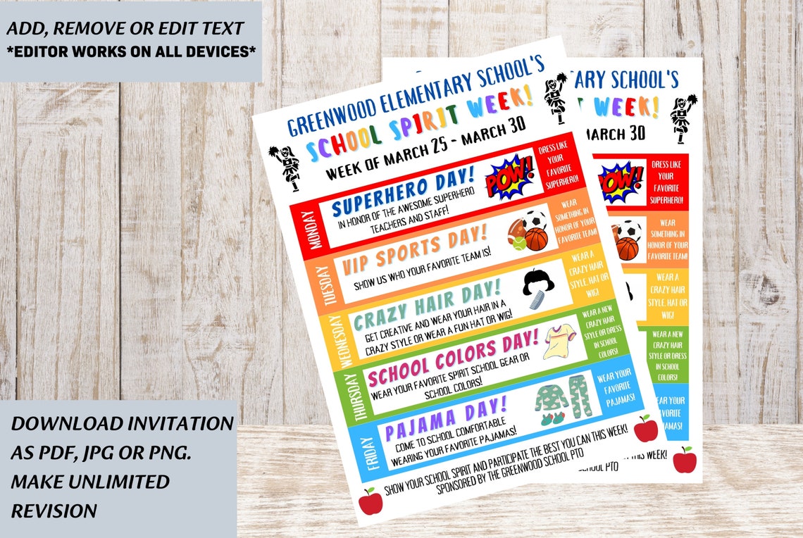 Spirit Week Template Spirit Week Schedule School Spirit - Etsy