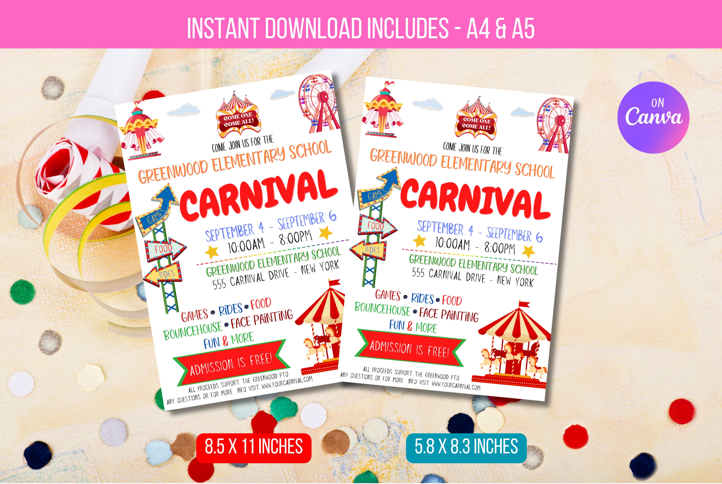 EDITABLE Carnival Flyer, Printable PTA PTO Flyer, School Church Benefit ...