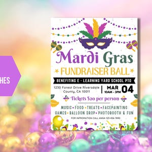 Editable Mardi Gras Invitation Flyer Template, Mardi Gras Class Party ...