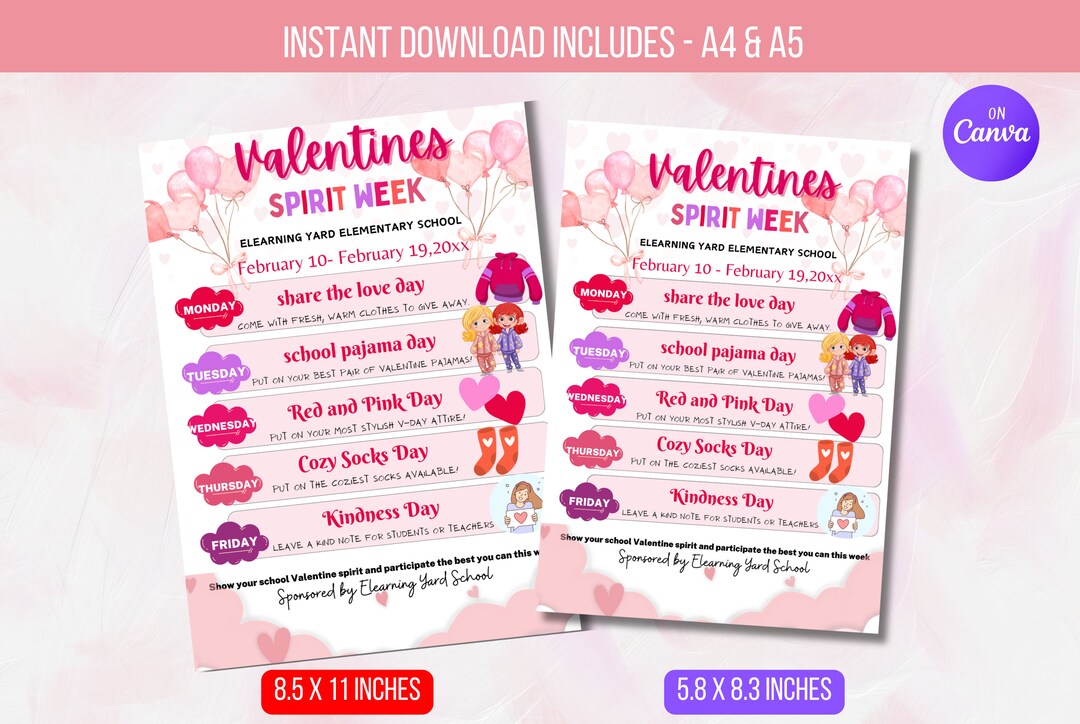 EDITABLE Valentine School Spirit Week Flyer, Festive Spirit Week PTO ...