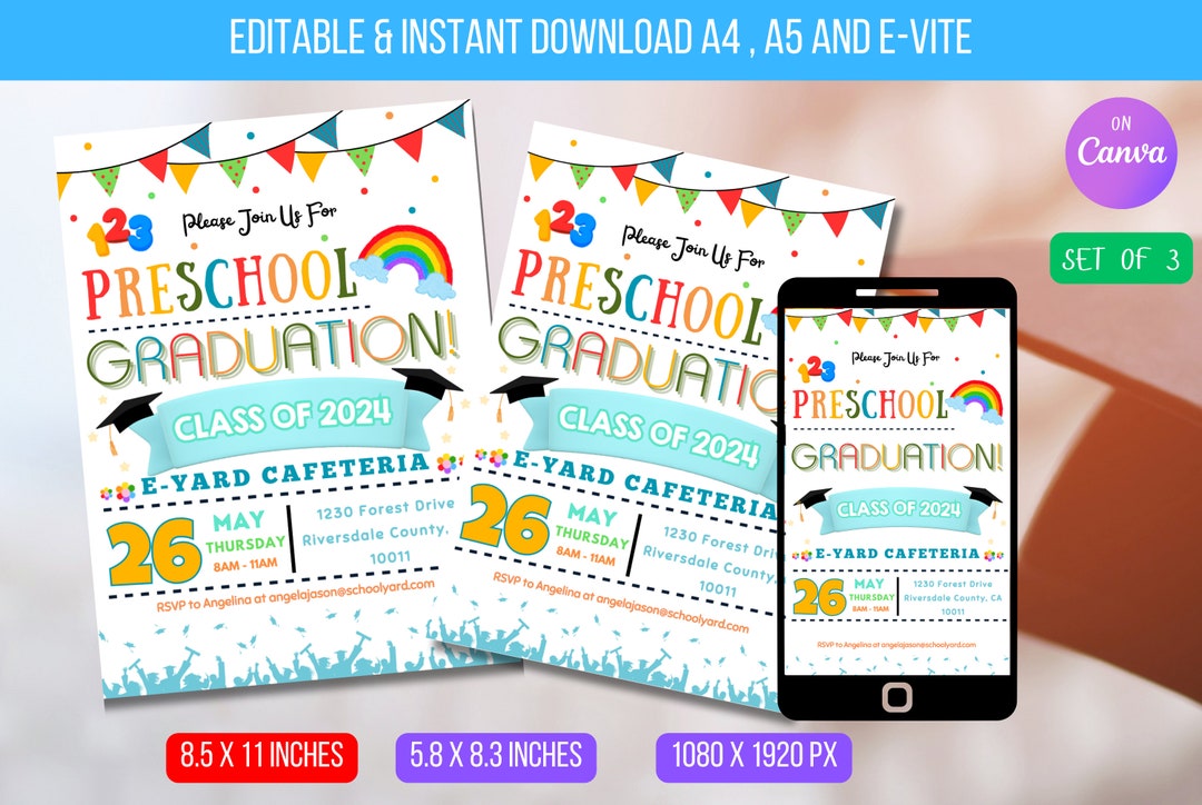 EDITABLE Preschool Graduation Invitation, Celebration Graduation Invite ...