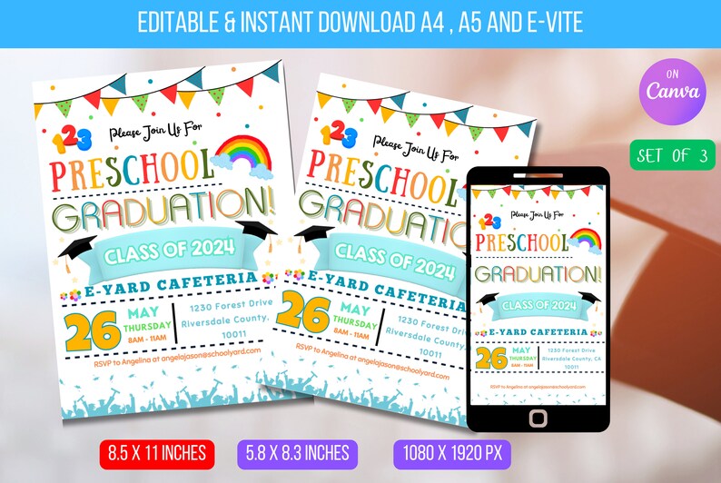 EDITABLE Preschool Graduation Invitation, Celebration Graduation Invite ...