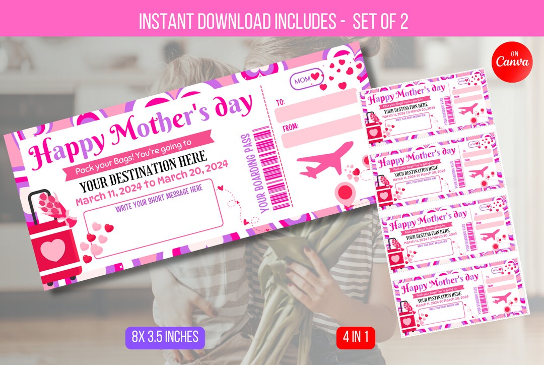 EDITABLE Mother's Day Surprise Ticket Template, Flight Ticket, Surprise ...