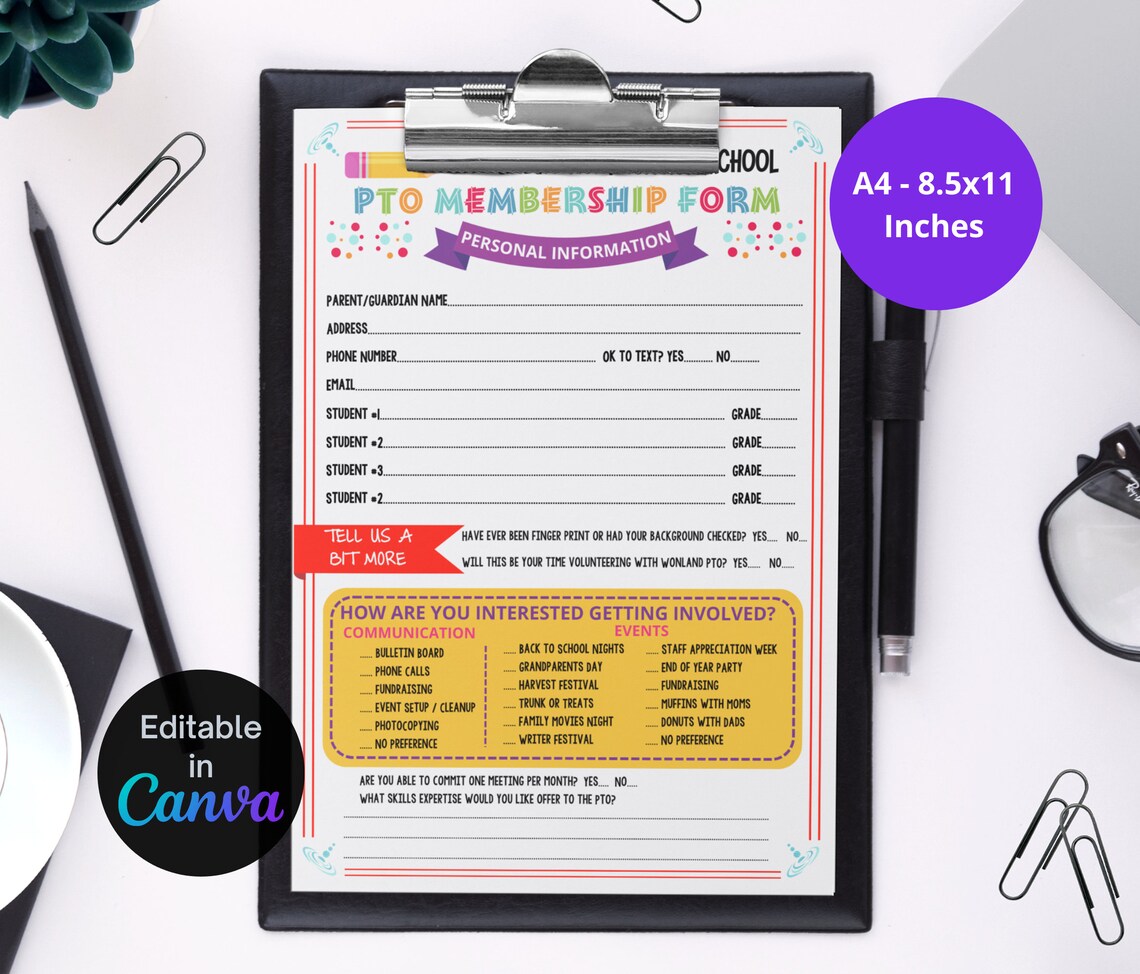 Printable/editable PTO PTA Membership Form, Pto/pta Parent Volunteer ...
