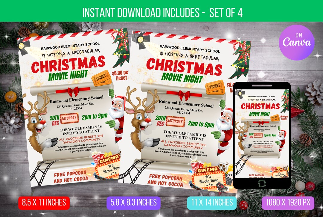 EDITABLE Christmas Movie Night Flyer, School Church Fundraiser Invite ...
