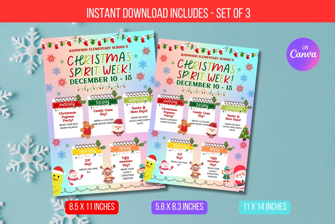 EDITABLE Christmas Spirit Week Flyer, Itinerary Schedule School Poster ...