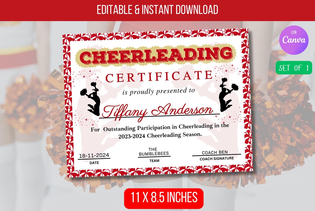 EDITABLE Cheerleader Certificate, Cheer Certificates Sports Award ...
