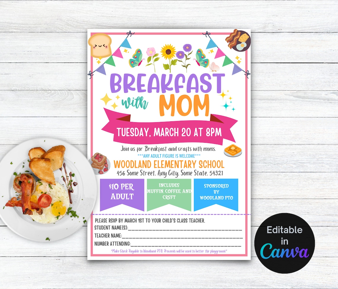 Breakfast With Mom Flyer, Mother's Day Breakfast Editable Flyer ...