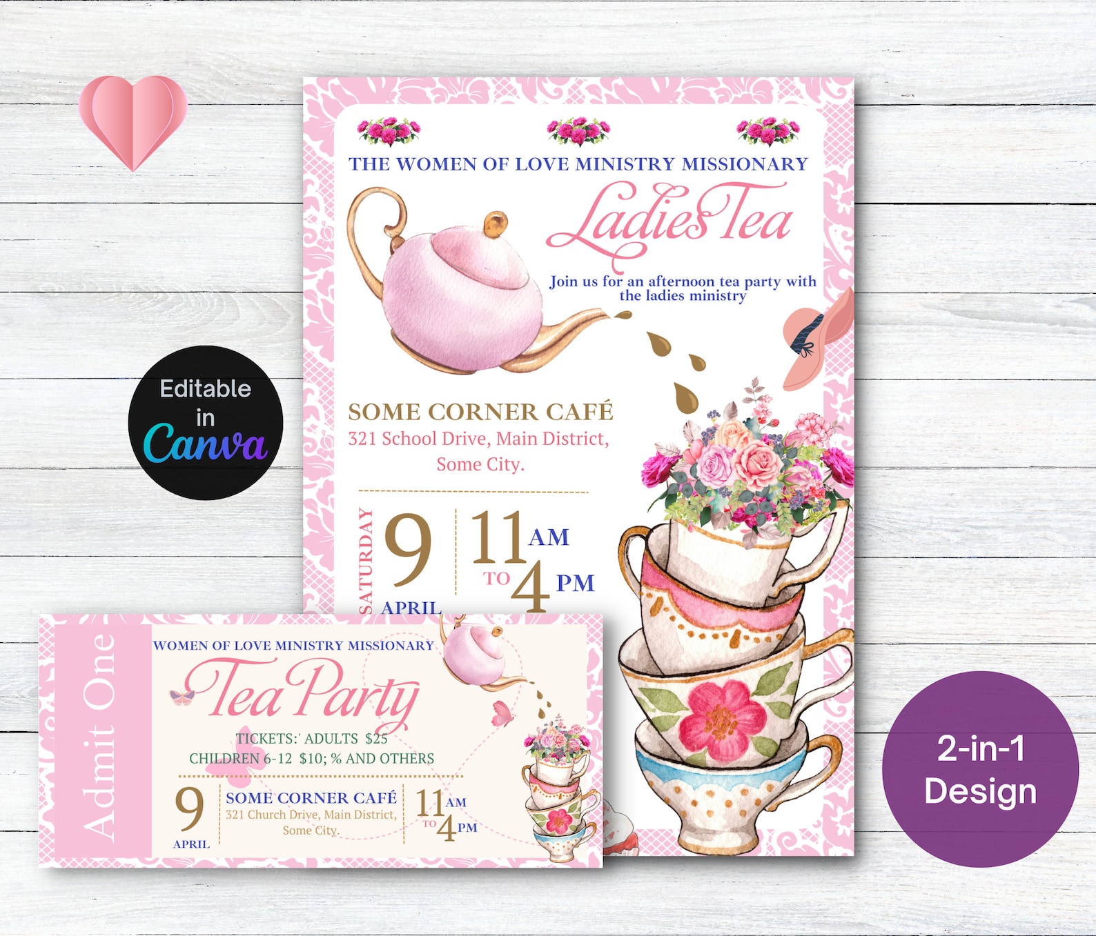Ladies Tea Event Flyer Printable, Pink and Gold Par-tea Invite Template ...