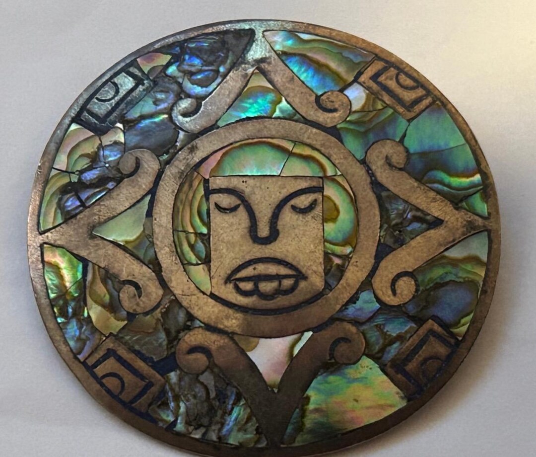 Mexican Aztec Sundial Brooch Convertible Pendant Antique HJA Hecno En ...