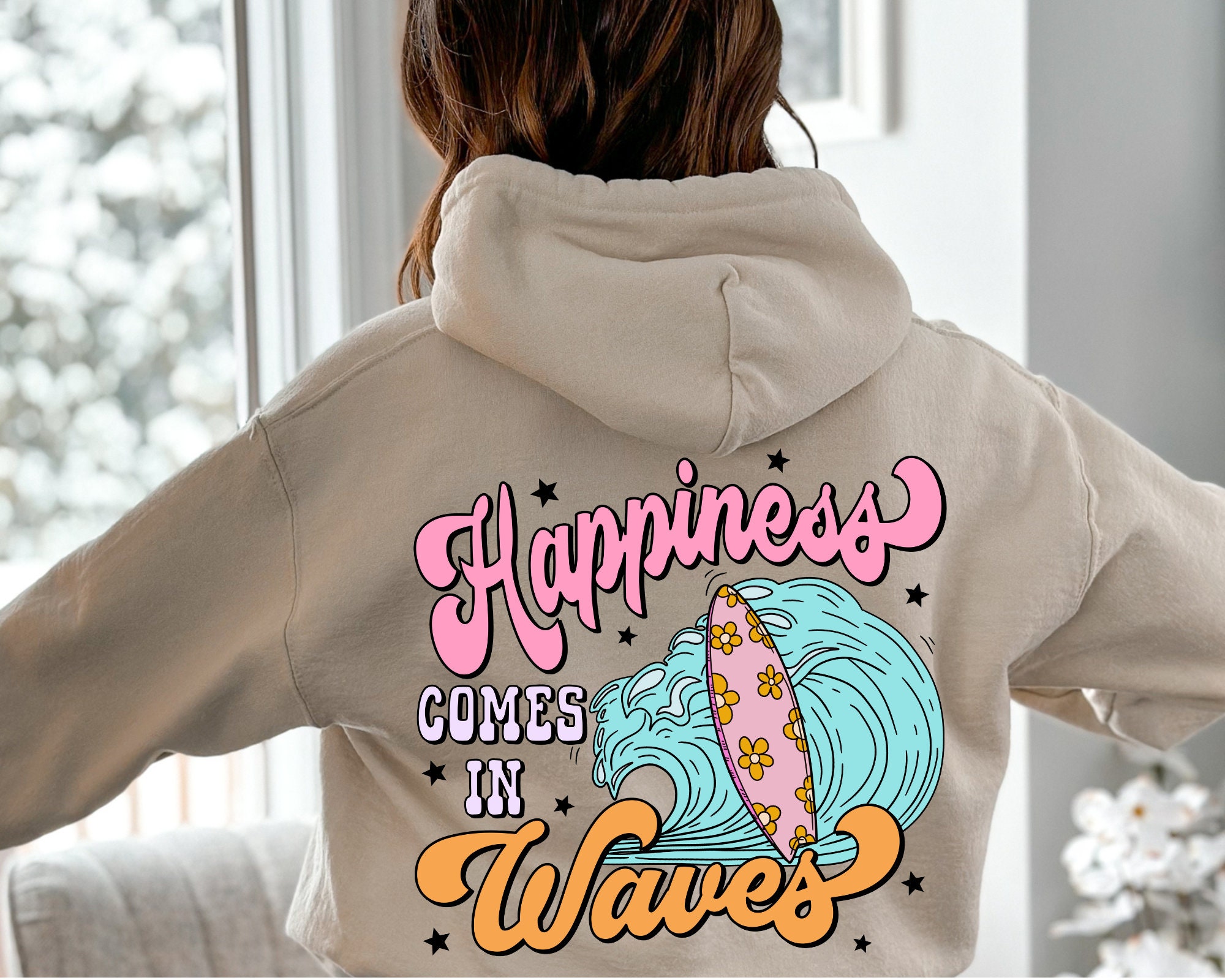 Happiness Comes in Waves Back Hoodie, Trendy Sweatshirt, Siesta Beach ...