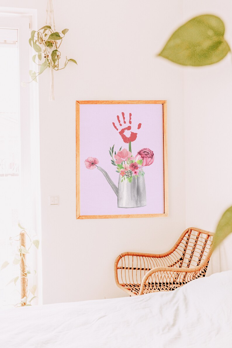 Handprint Flower Art Printable | Pink Flowers in Watering Can | Nursery ...