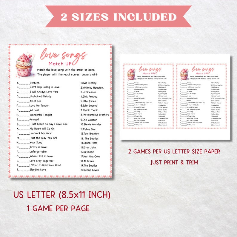 Valentines Day Love Songs Match up Game Printable, Family Game ...