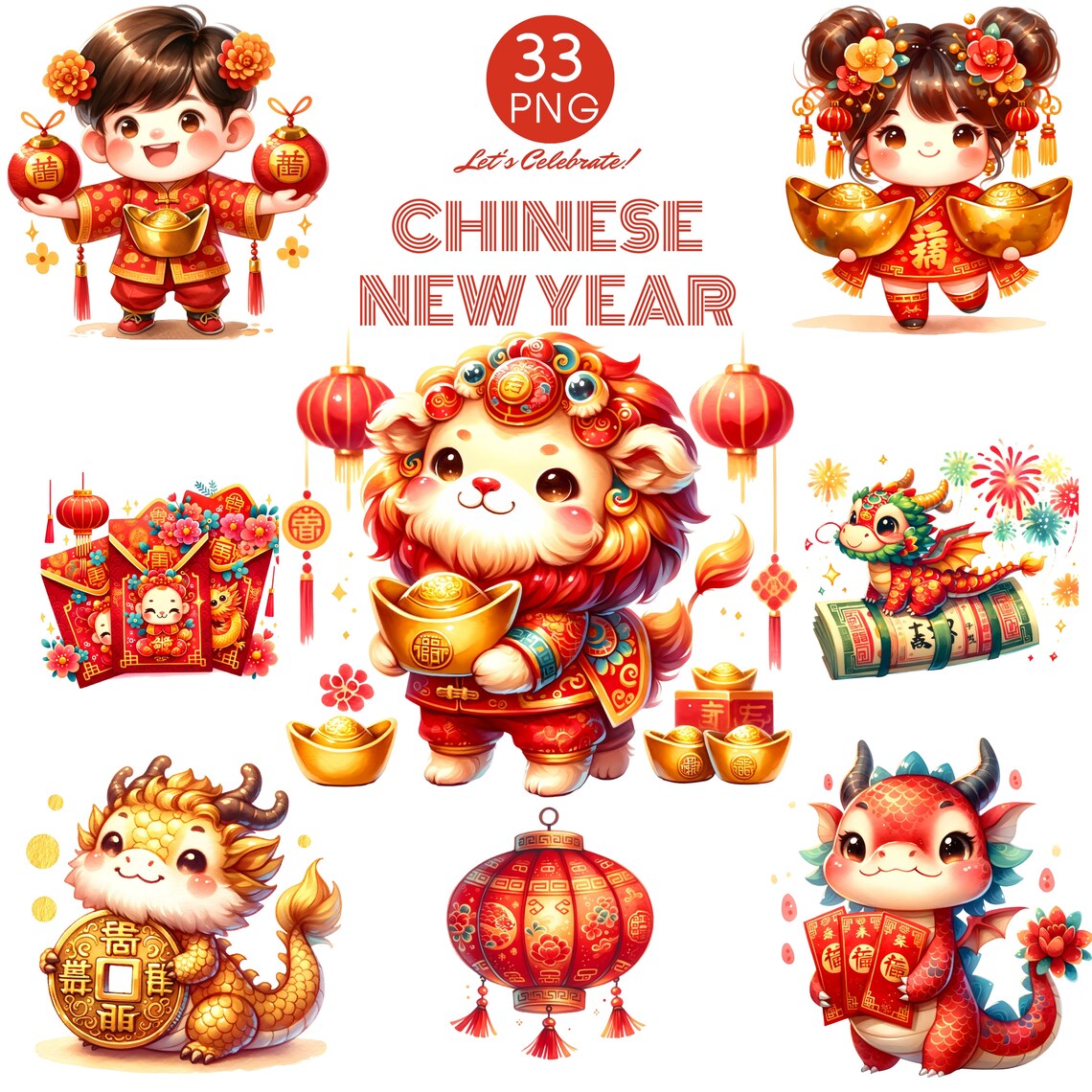 2024 Cute Dragon Clipart, Chinese New Year Watercolor Clipart, Lion ...