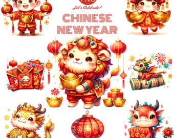 2024 Cute Dragon Clipart, Chinese New Year Watercolor Clipart, Lion ...