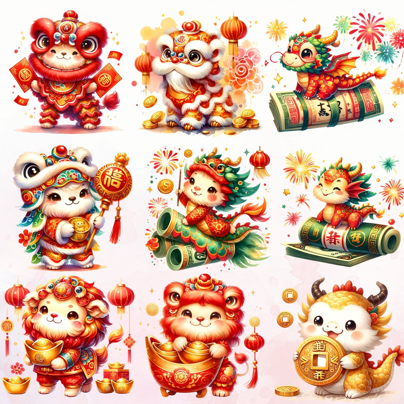 2024 Cute Dragon Clipart, Chinese New Year Watercolor Clipart, Lion ...