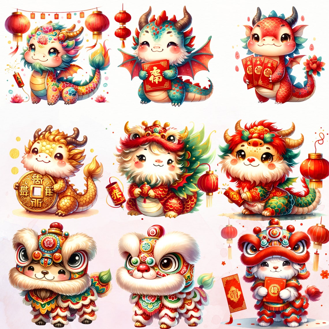 2024 Cute Dragon Clipart, Chinese New Year Watercolor Clipart, Lion ...