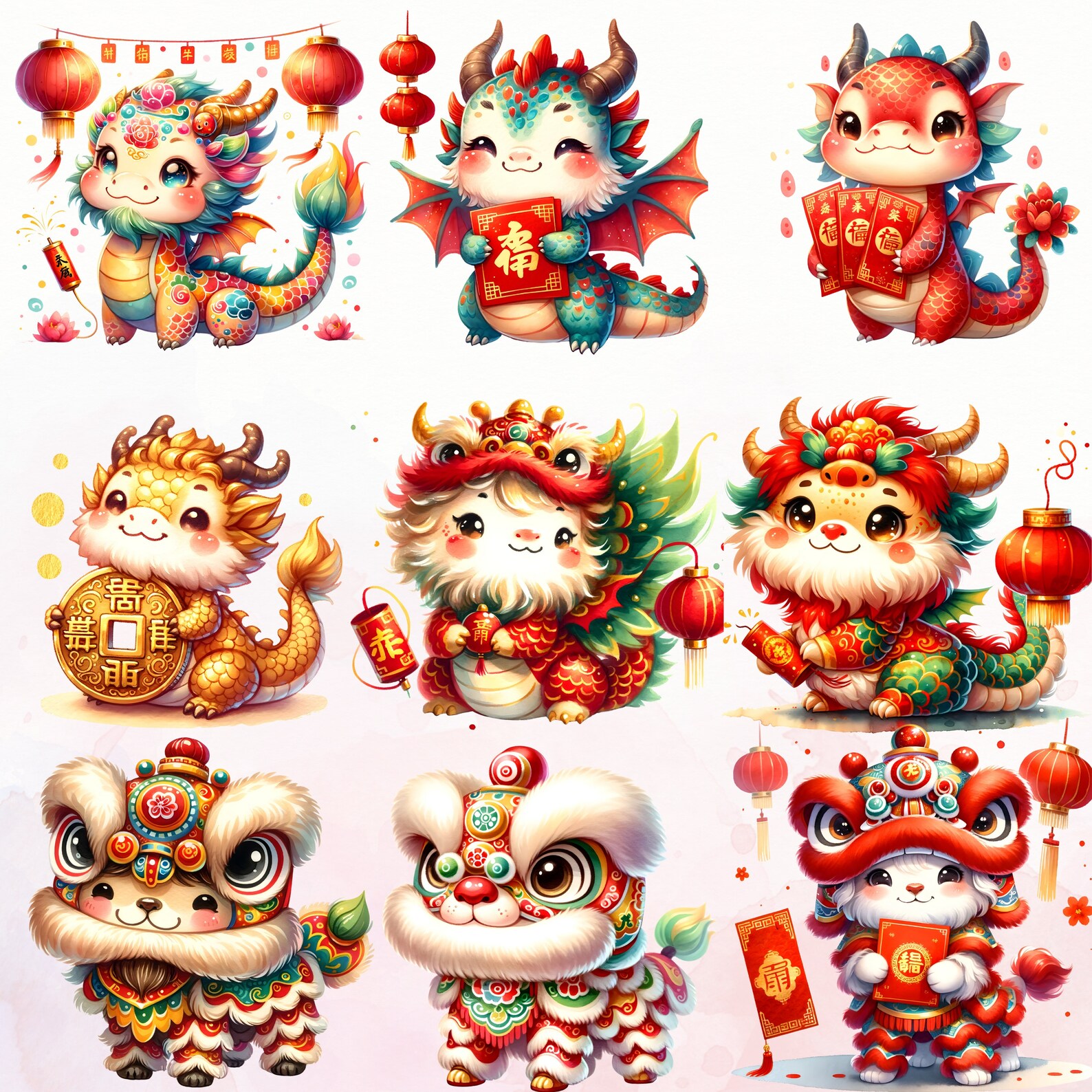 2024 Cute Dragon Clipart, Chinese New Year Watercolor Clipart, Lion ...
