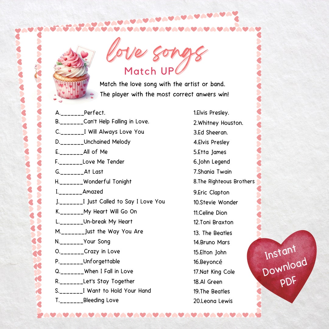 Valentines Day Love Songs Match up Game Printable, Family Game ...