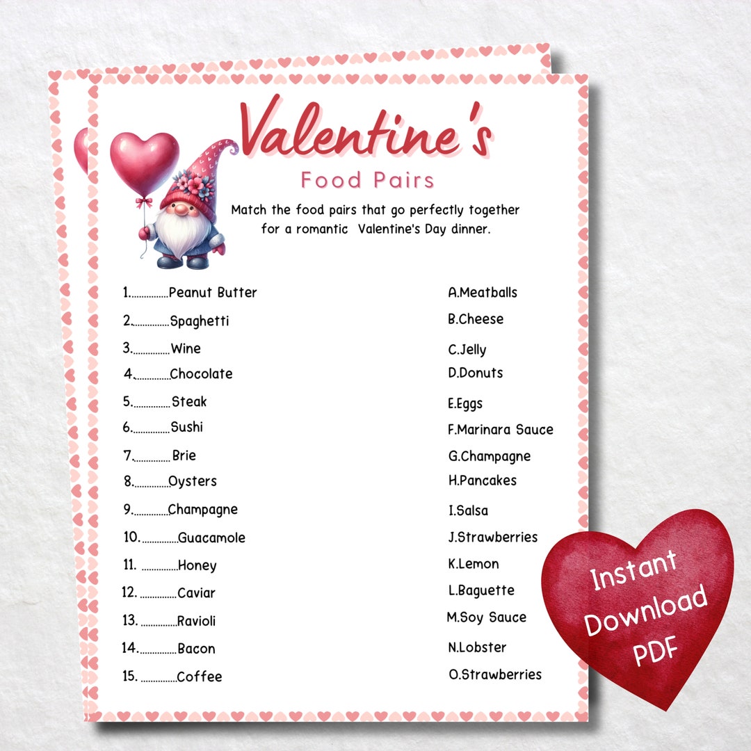Valentines Day Food Pairs Printable Game, Printable Valentines Day ...