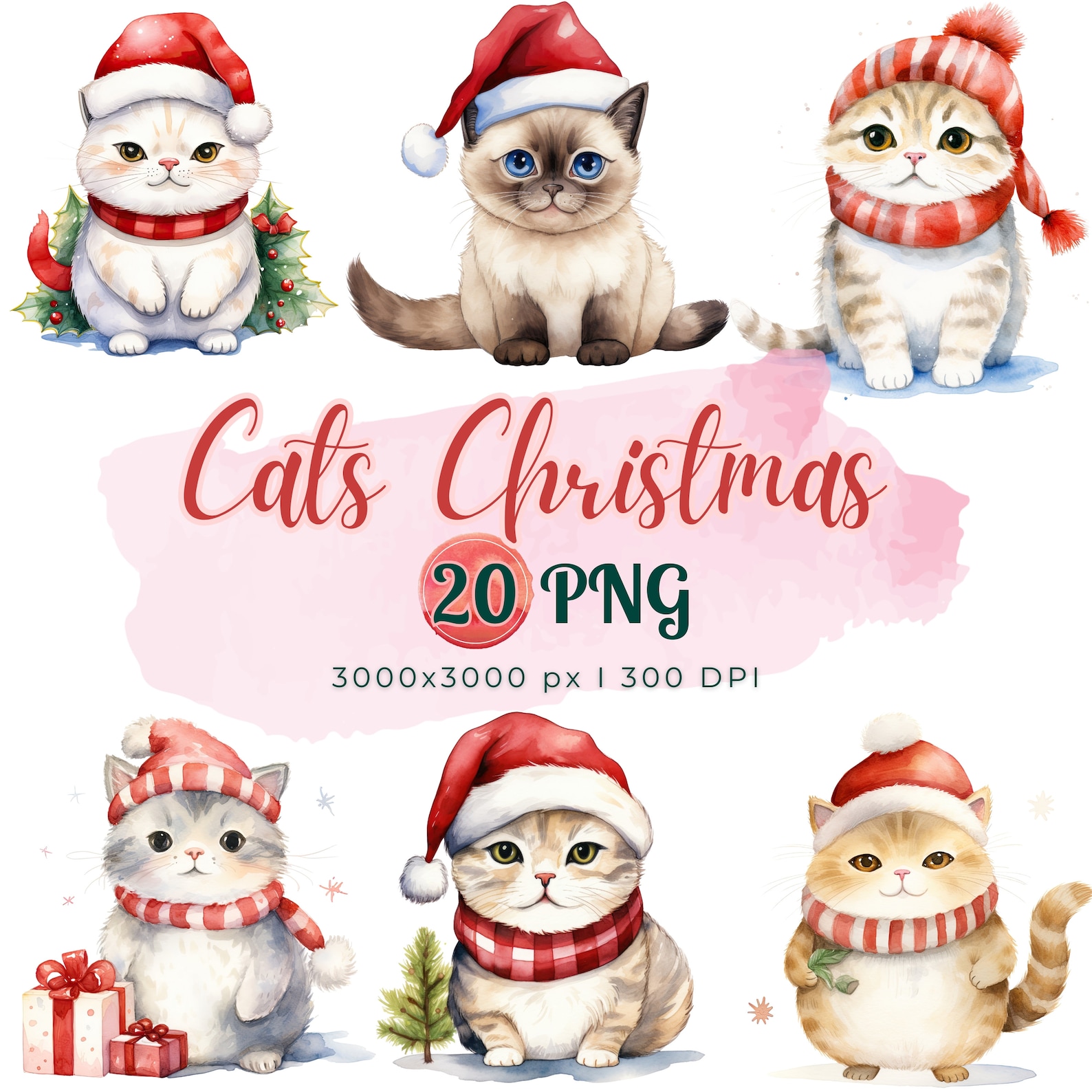 Watercolor Cats Christmas Clipart Bundle,20 Png,scrapbooking PNG ...