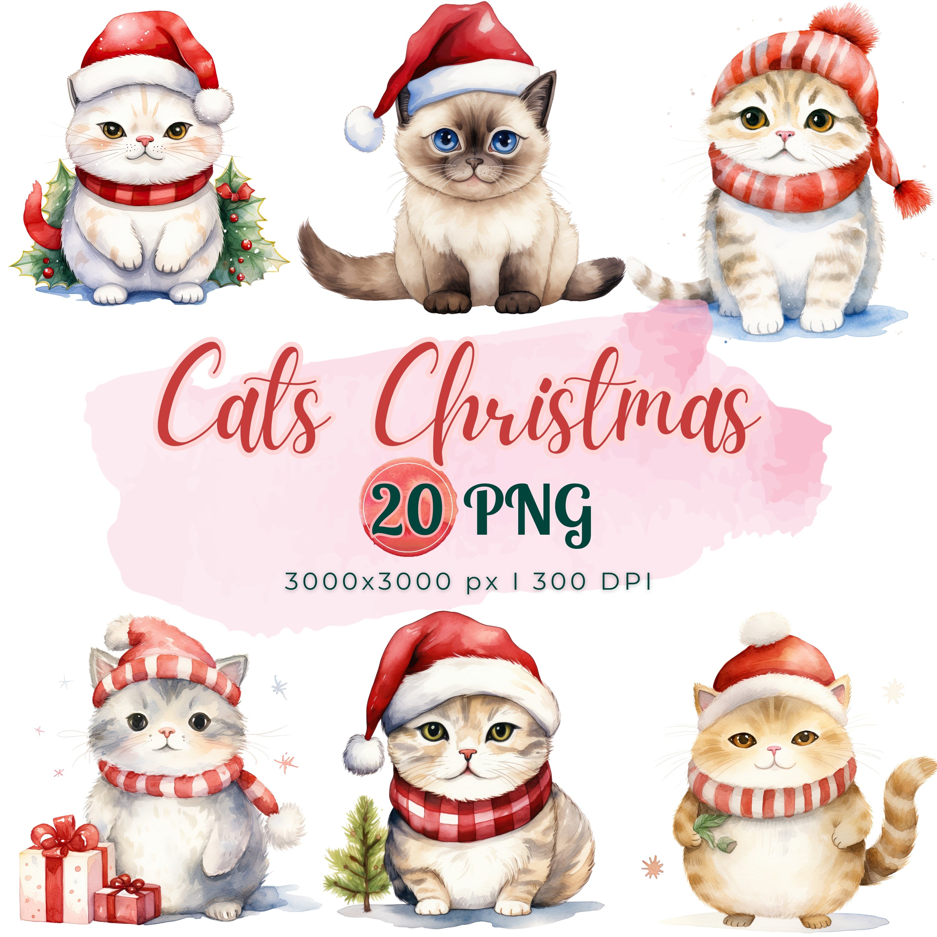 Watercolor Cats Christmas Clipart Bundle,20 Png,scrapbooking PNG ...