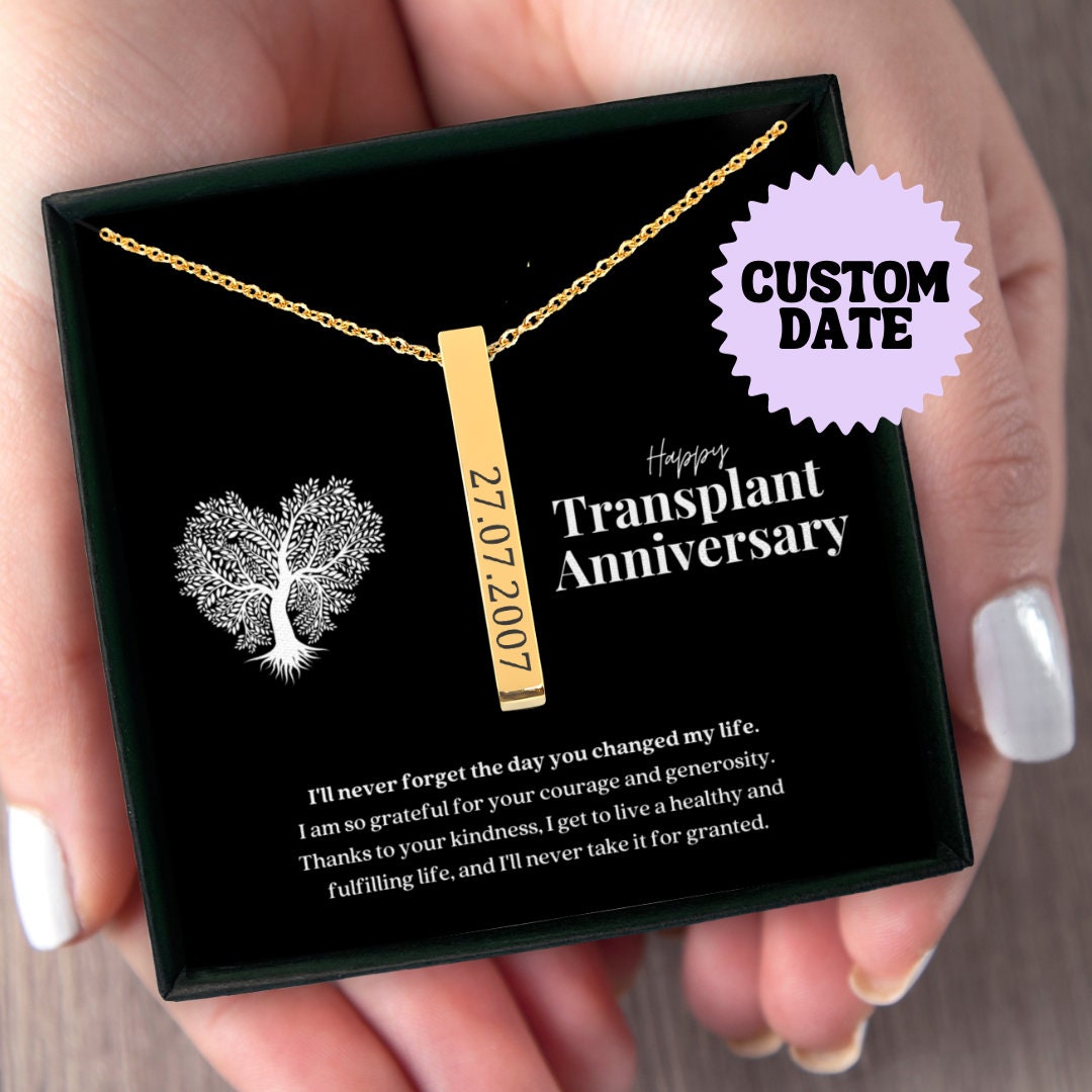 Custom Transplant Anniversary Necklace, Engraved Vertical Bar Pendant ...