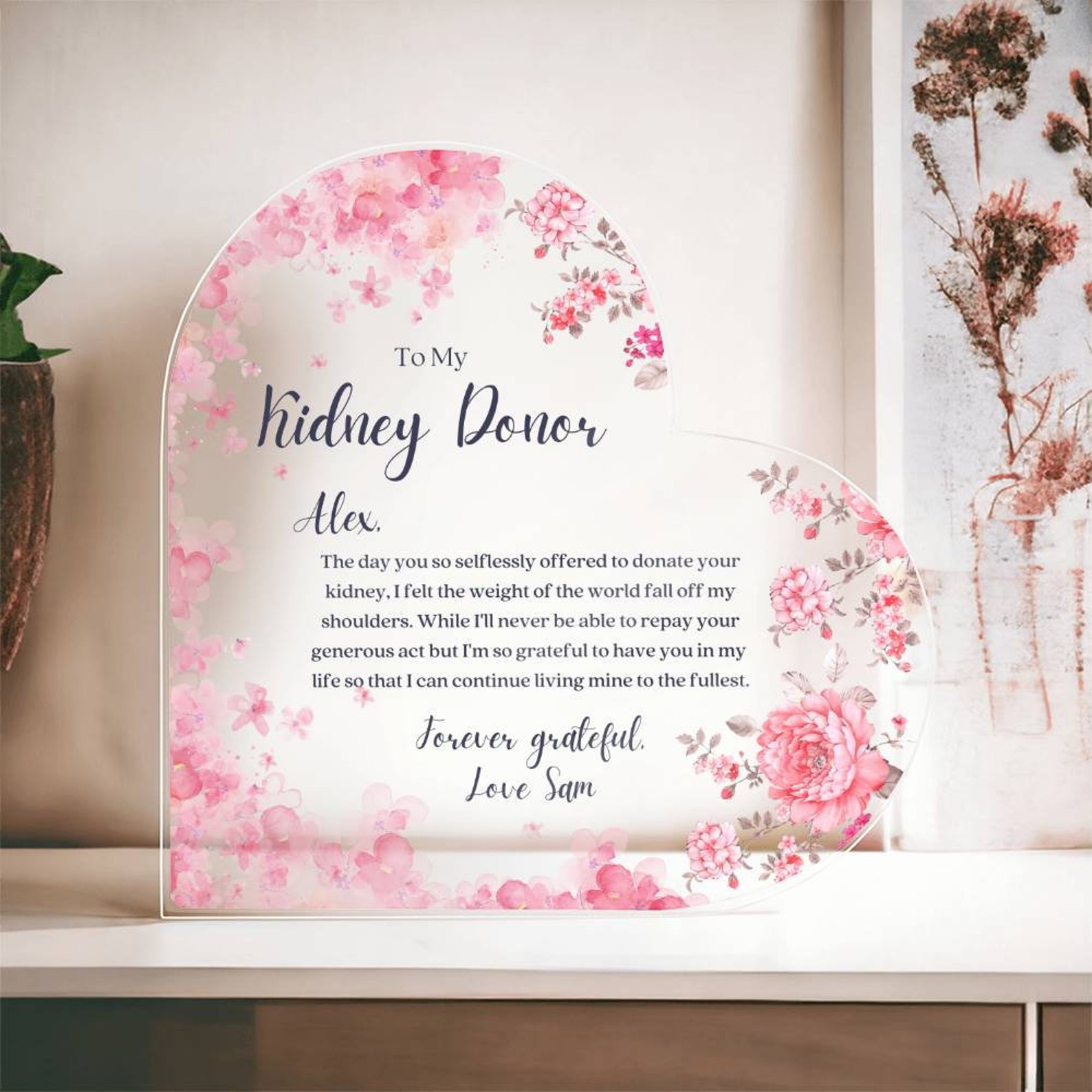 Custom Kidney Donor Heart Shaped Acrylic Plaque, Kidney Transplant Gift ...