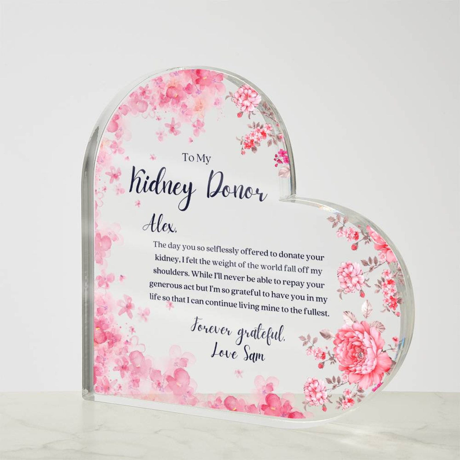 Custom Kidney Donor Heart Shaped Acrylic Plaque, Kidney Transplant Gift ...