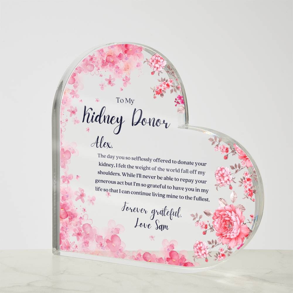 Custom Kidney Donor Heart Shaped Acrylic Plaque, Kidney Transplant Gift ...