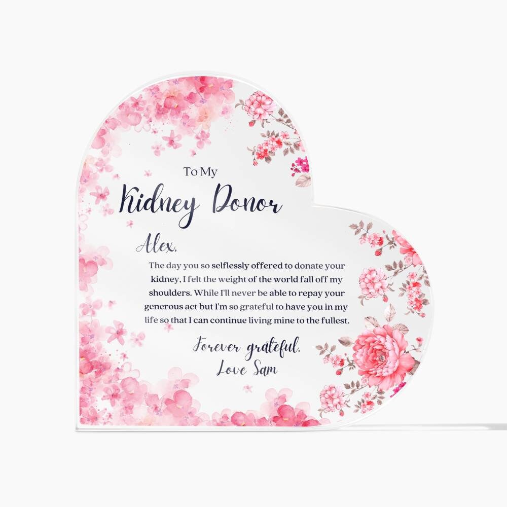 Custom Kidney Donor Heart Shaped Acrylic Plaque, Kidney Transplant Gift ...