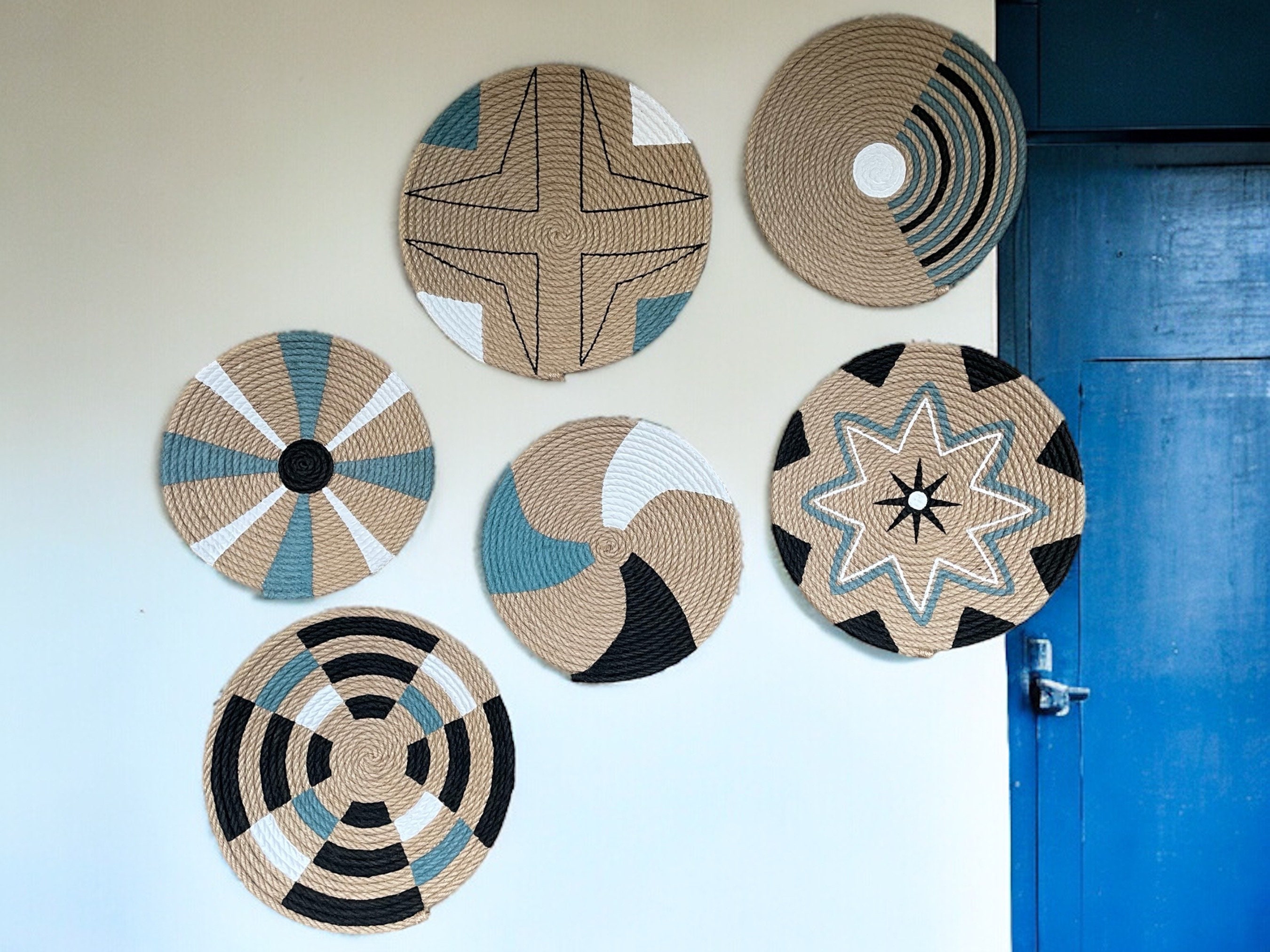 Blue White Wicker Wall Basket, African Plate, Elegant Home Decor, Woven ...