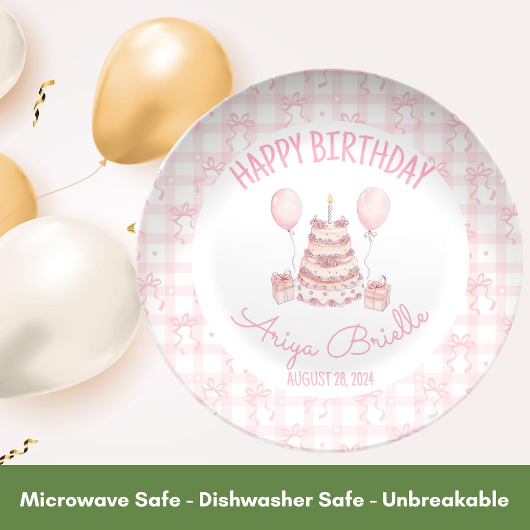 Preppy Girls Birthday Plate - Pink Coquette Bow Ribbon First Birthday ...