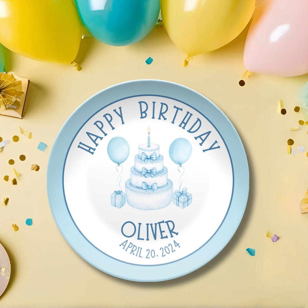 Personalized 1st Birthday Plate – Blue Watercolor Cake Balloons ...