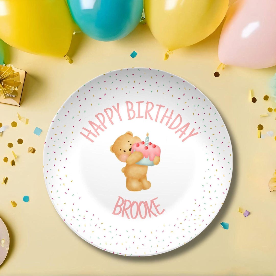 Personalized Smash Cake Plate for Birthday - Pink Bear Confetti - 10 ...