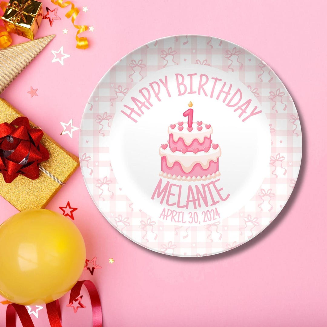 Preppy Girls Birthday Plate - Pink Coquette Bow Ribbon First Birthday ...