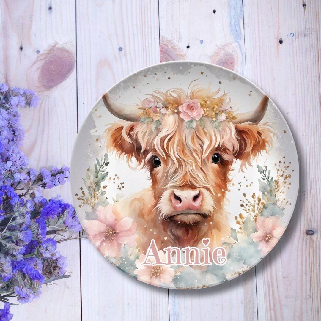 Personalized Baby Highland Cow Plate – Custom Name Kids Plate – Cute ...