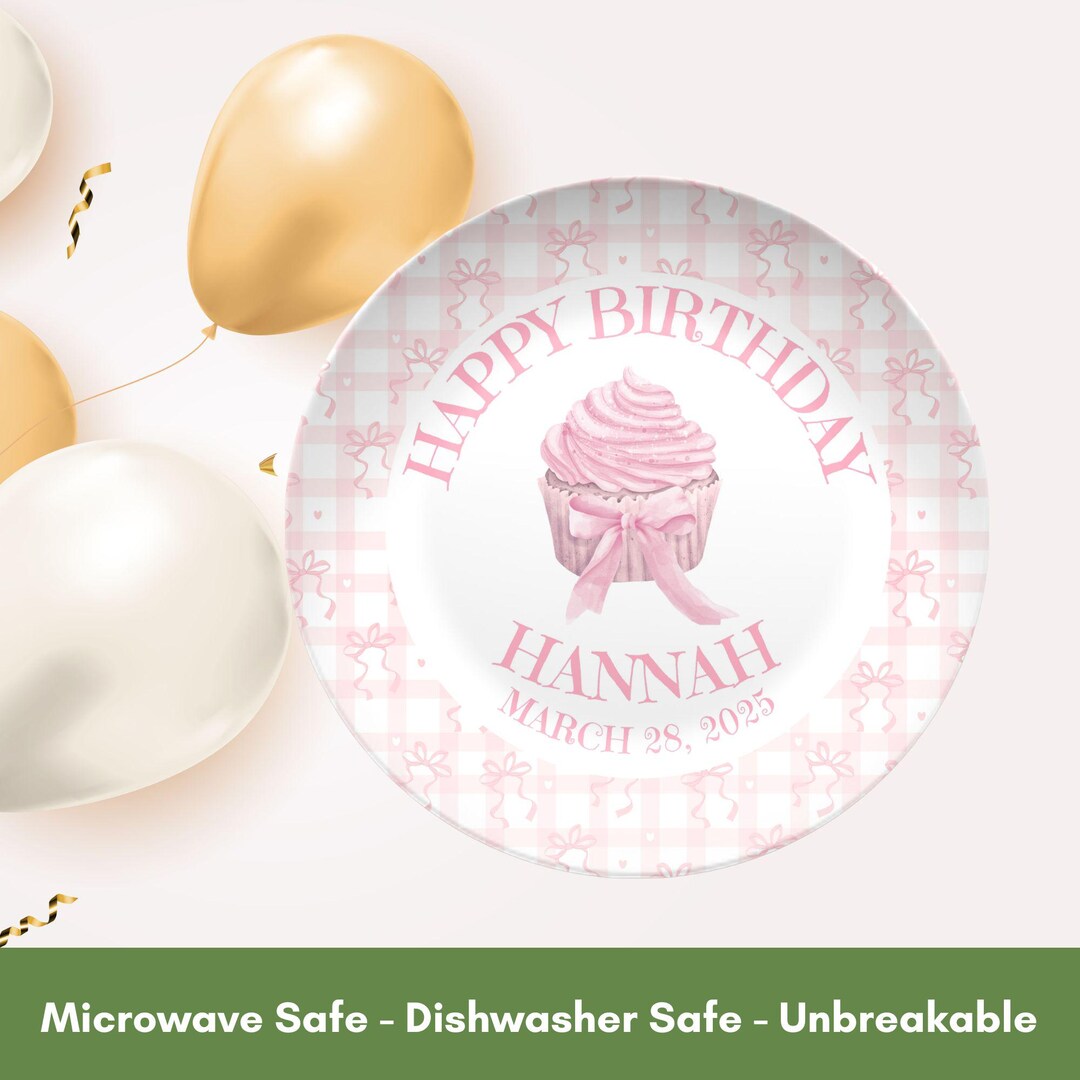 Preppy Girls Birthday Plate - Pink Coquette Bow Ribbon First Birthday ...