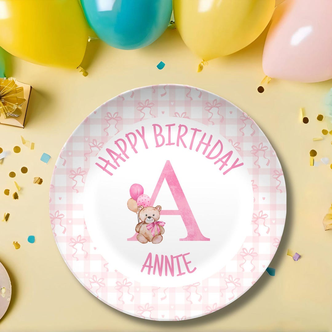 Preppy Girls Birthday Plate - Pink Coquette Bow Ribbon First Birthday ...