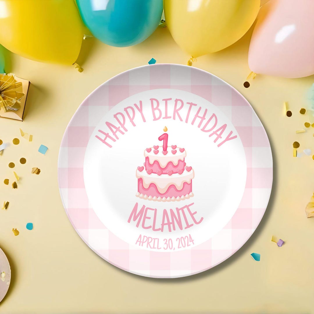Preppy Girls Birthday Plate - Pink Gingham Bow Ribbon First Birthday ...