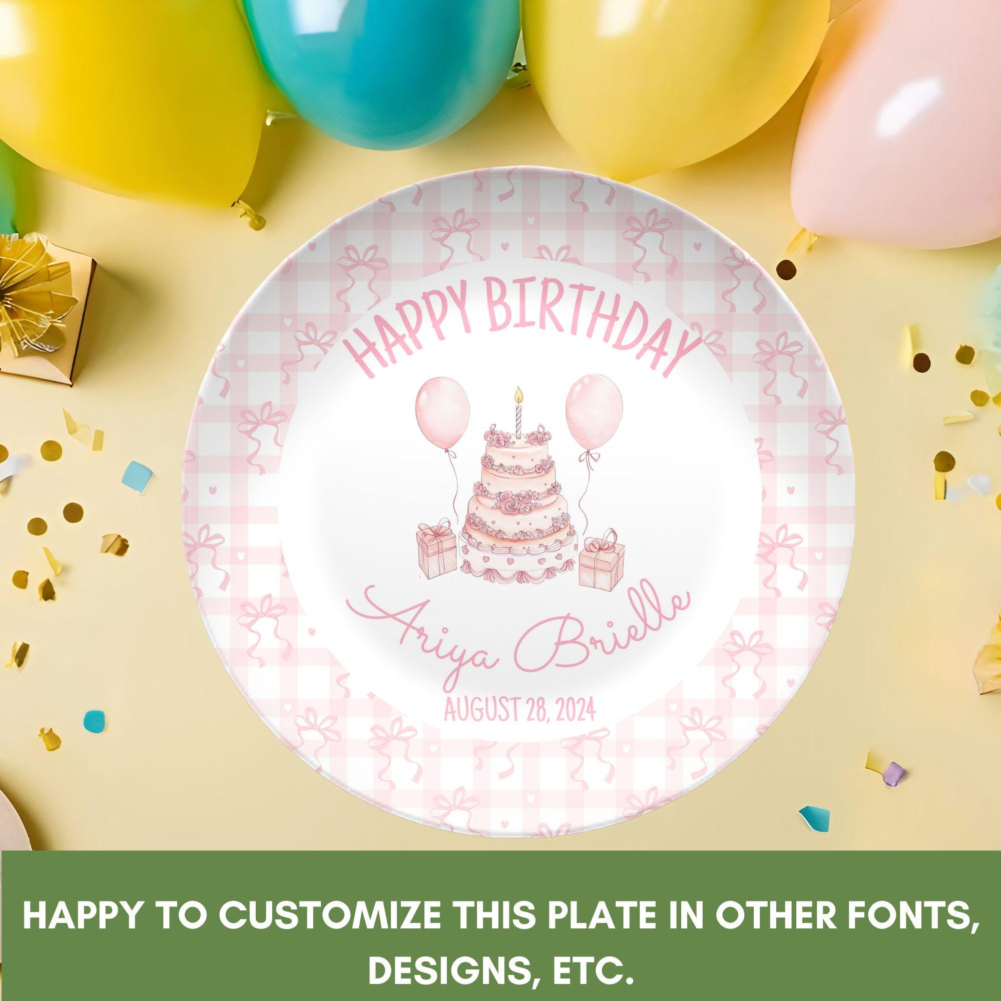 Preppy Girls Birthday Plate - Pink Coquette Bow Ribbon First Birthday ...